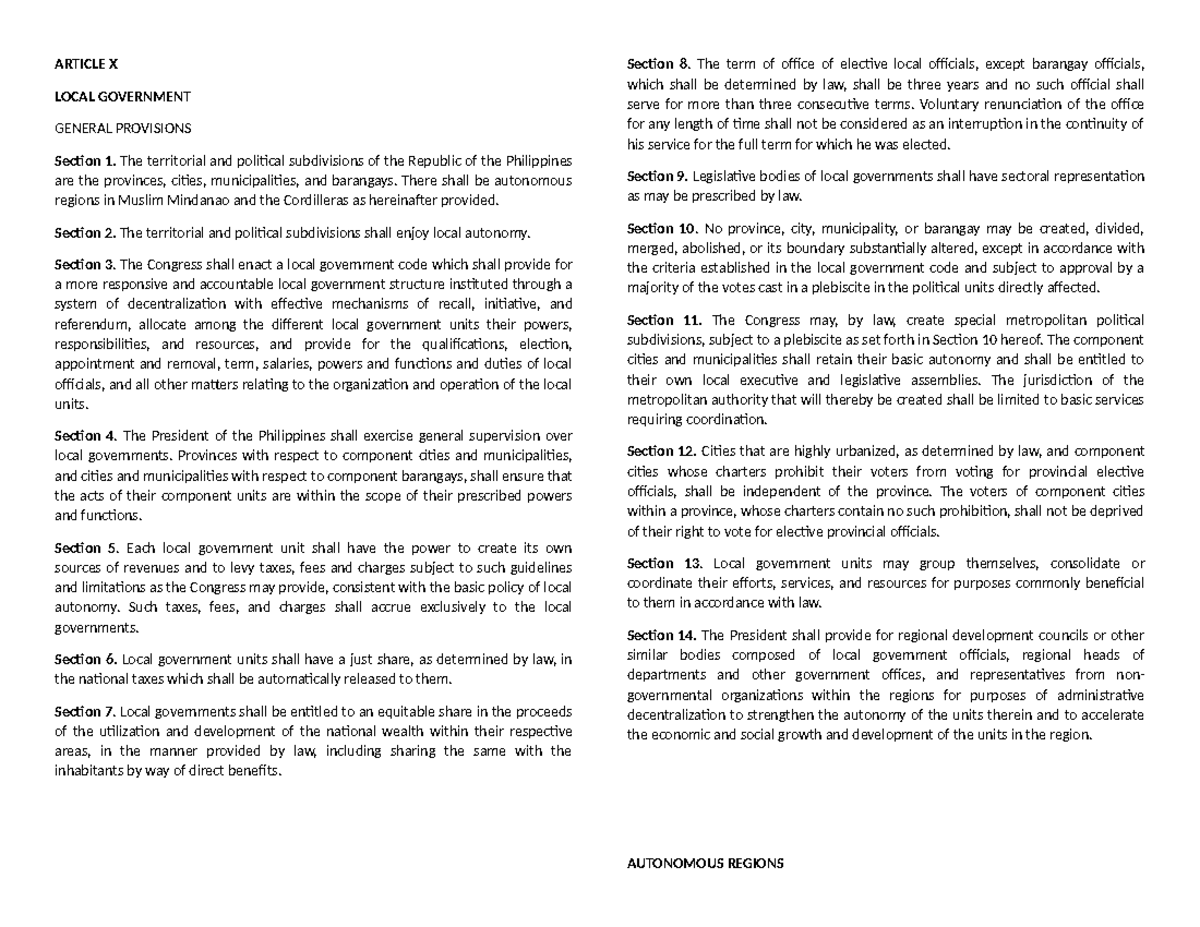 Article X: Local Government Provisions in the 1987 Constitution - Studocu