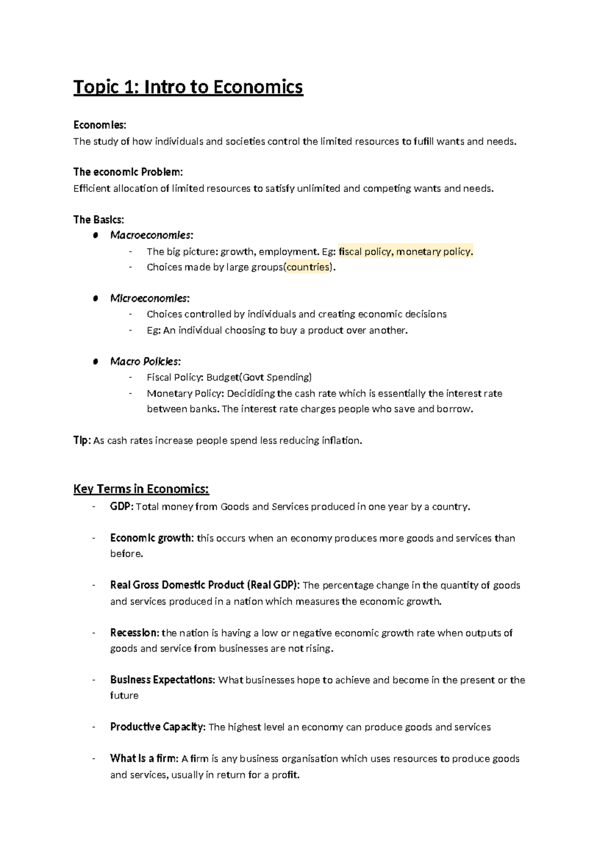 Eco notes Topic 1 & 2 - Summary ECON1101 - Topic 1: Intro to Economics ...