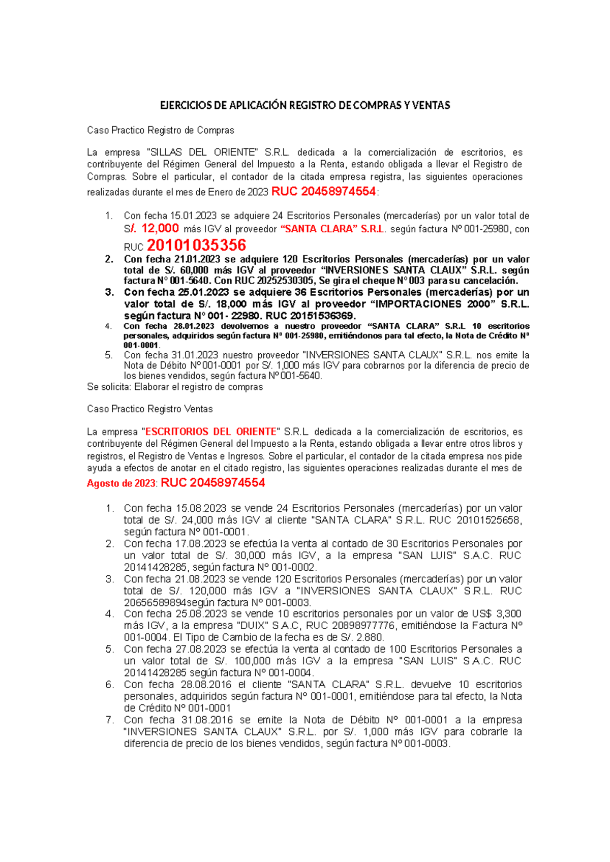 CASO Práctico: Registro de Compras y Ventas - SILLAS DEL ORIENTE - Studocu