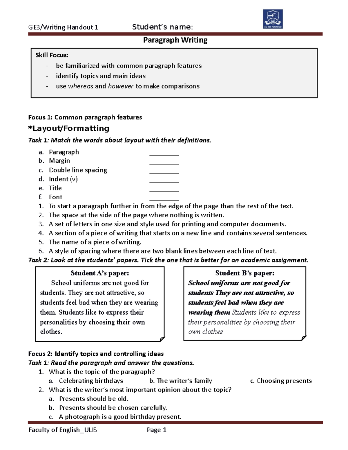 .GE3 Writing Handout 1 for Ss - GE3/Writing Handout 1 Student’s name ...