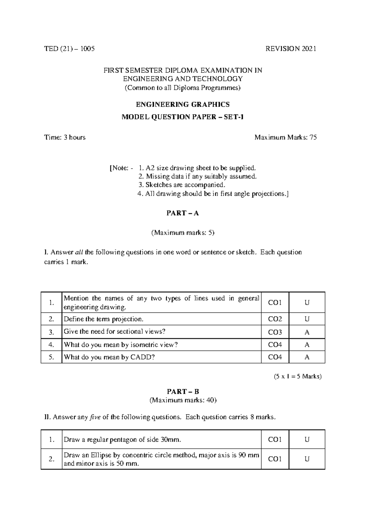 Engineering Graphics Model Question Paper – TED 1005 Exam 2021 - Studocu