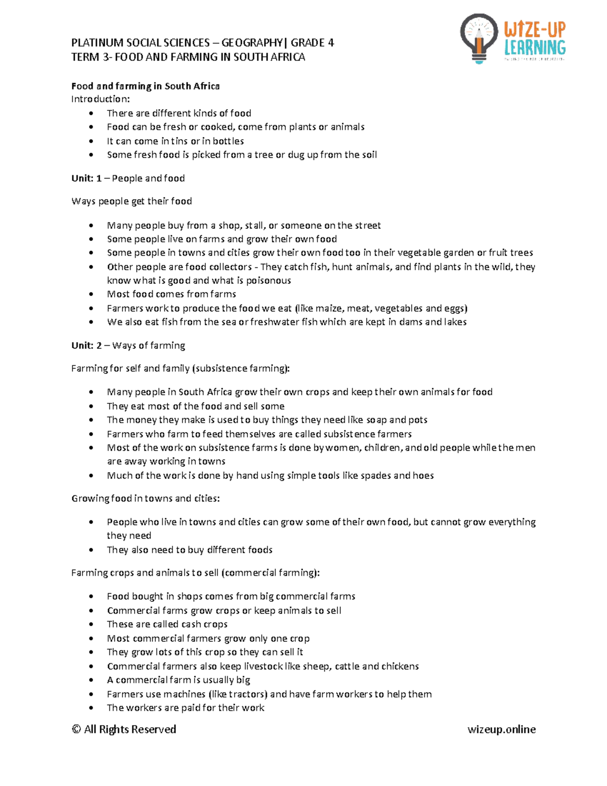 Platinum Social Sciences Grade 4 Term 3: Food and Farming in SA - Studocu
