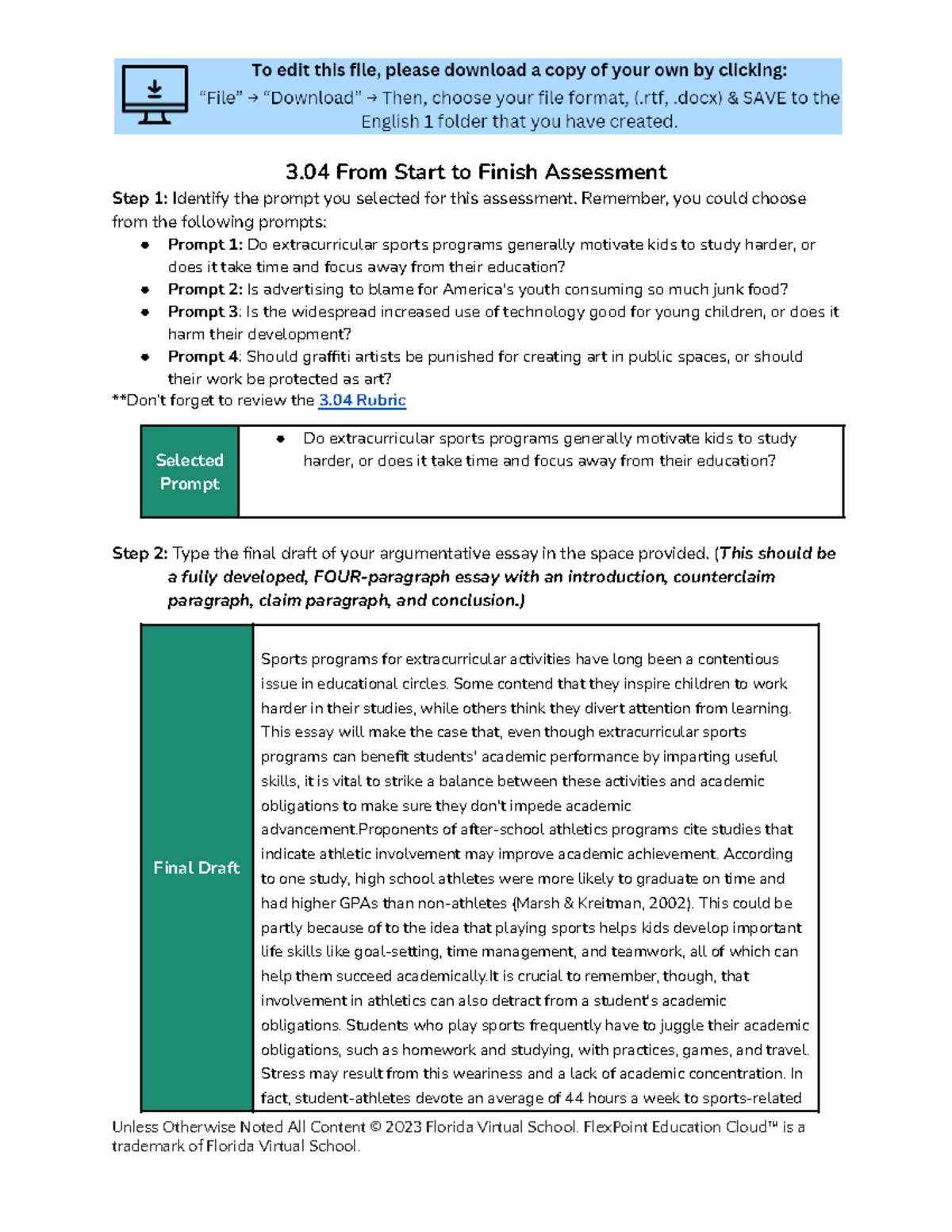 3.04 Assignment: Argumentative Essay on Extracurricular Sports Impact ...