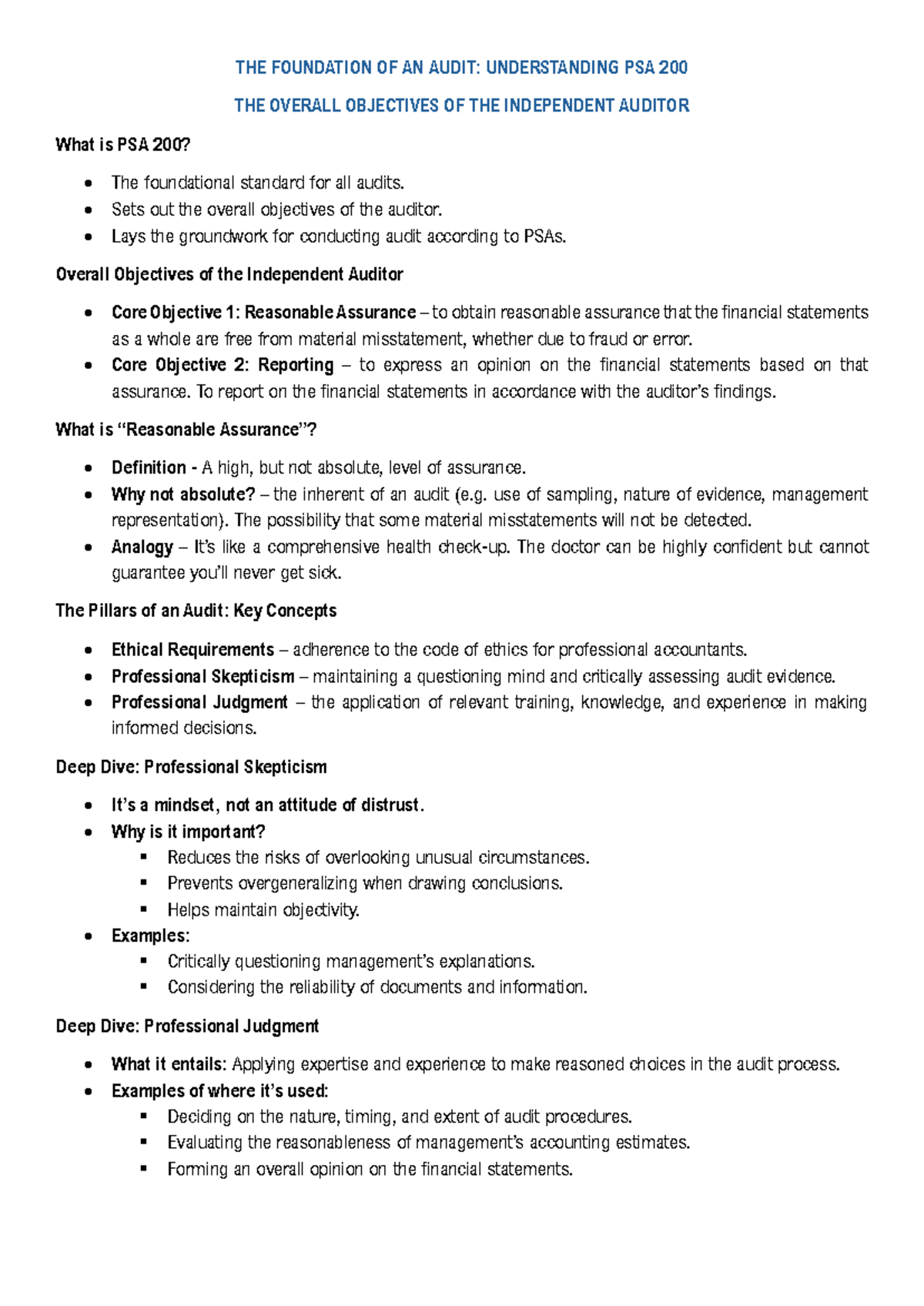 Understanding PSA 200: Core Objectives of the Independent Auditor - Studocu