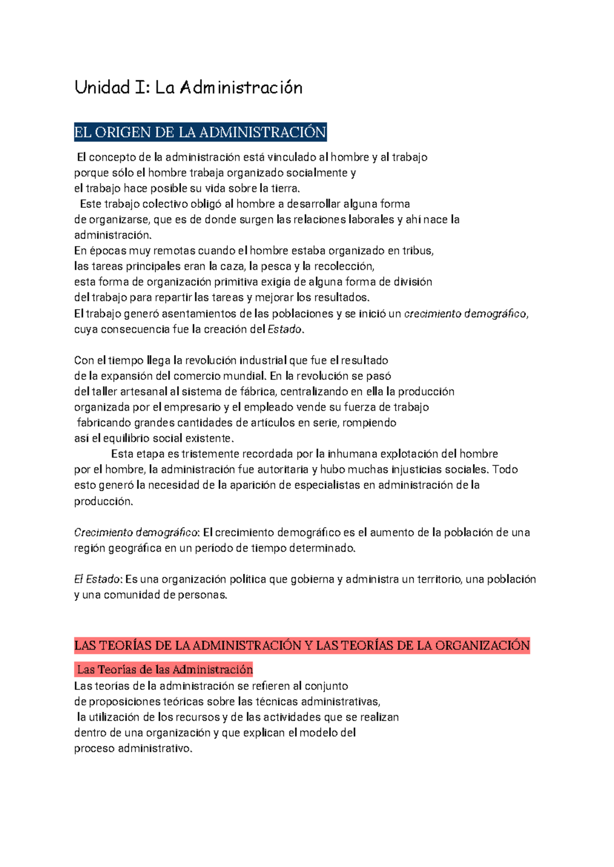 Resumen administracion - final - Unidad I: La Administración EL ORIGEN ...