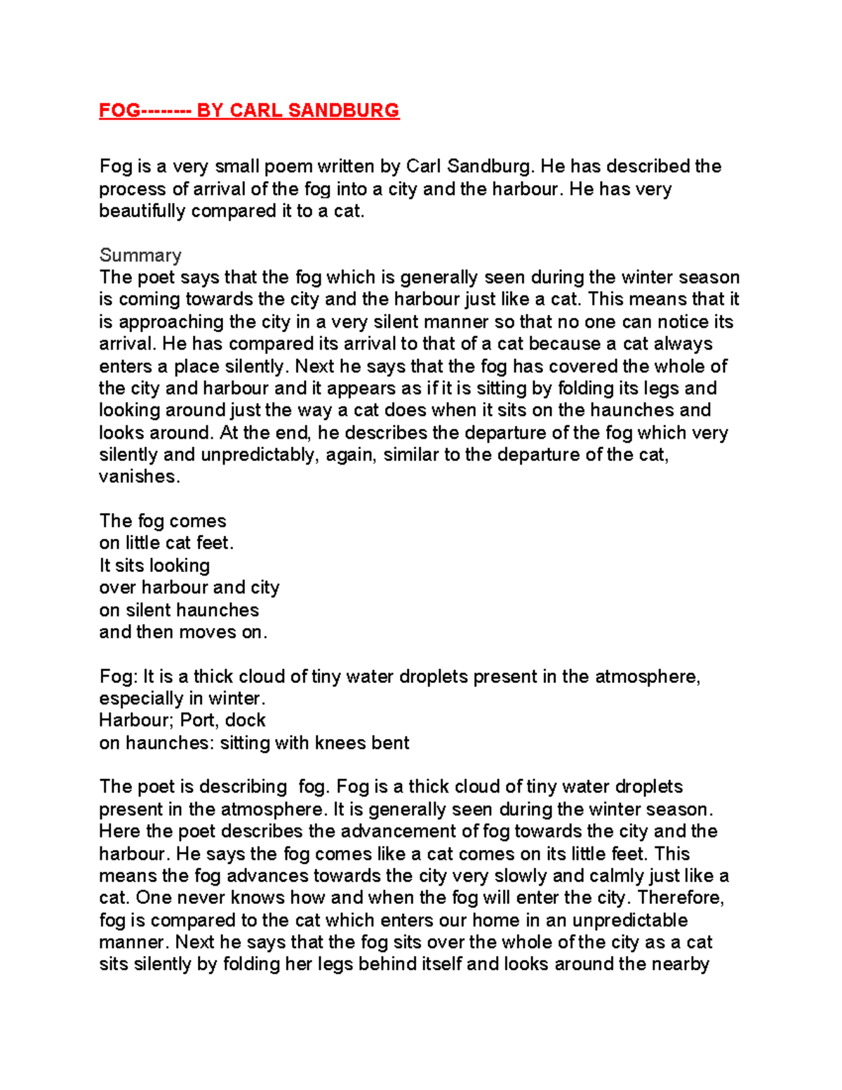 Fog Analysis: Carl Sandburg's Poem on Nature's Arrival - Studocu