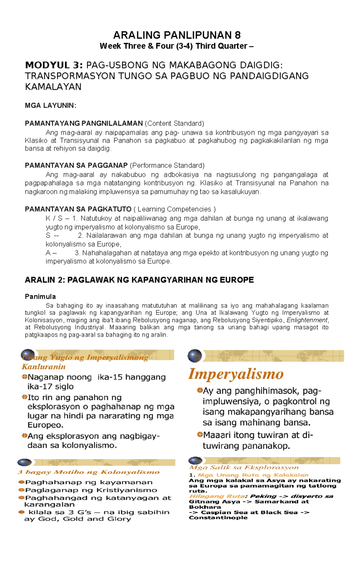 WEEK 3 4 3RD Quarter Module FOR Araling Panlipunan 8 BCK - ARALING ...