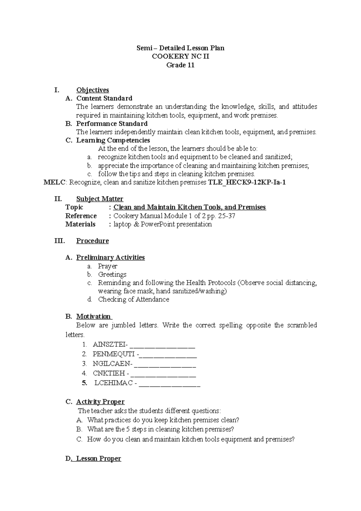 Semi-Detailed Lesson Plan: Clean & Sanitize Kitchen Tools (COOKERY NC ...