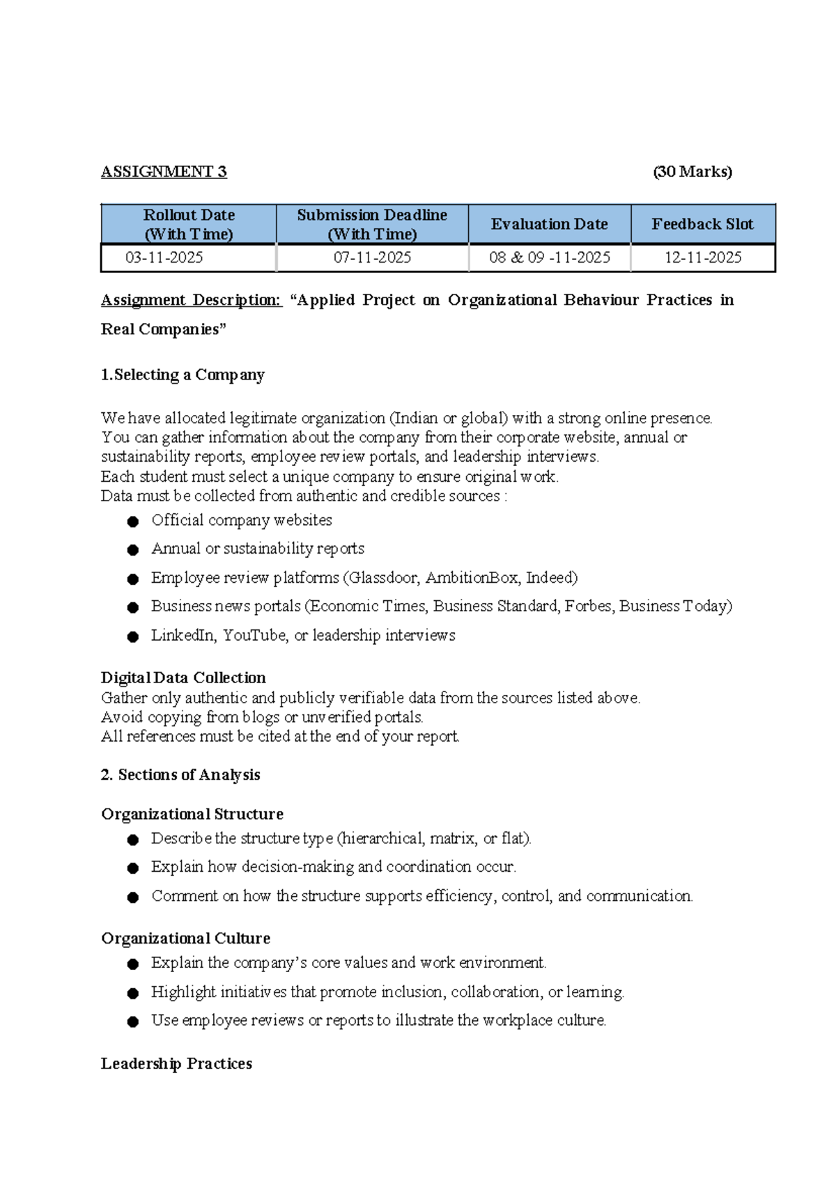 OB Assessment 3: Project on Org Behaviour Practices (30 Marks) - Studocu