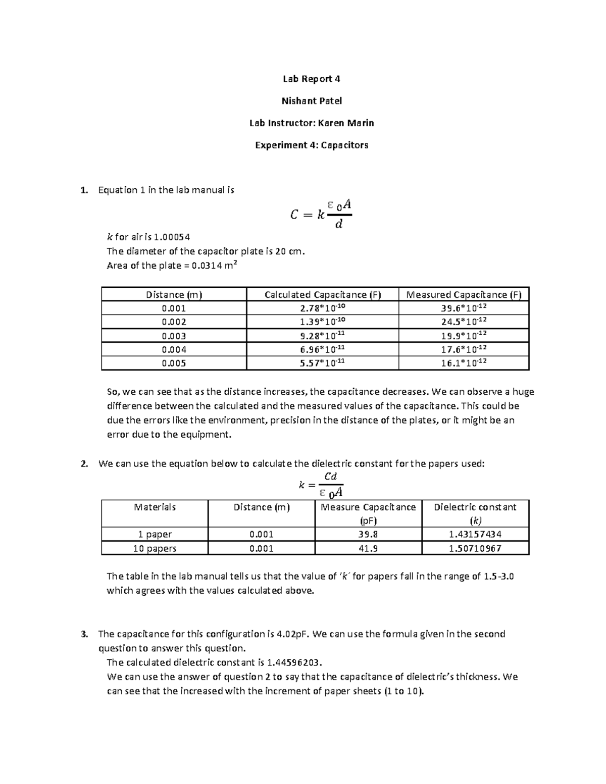 Lab 4 - IIT Physics 221 Experiment on Capacitors Analysis Report - Studocu