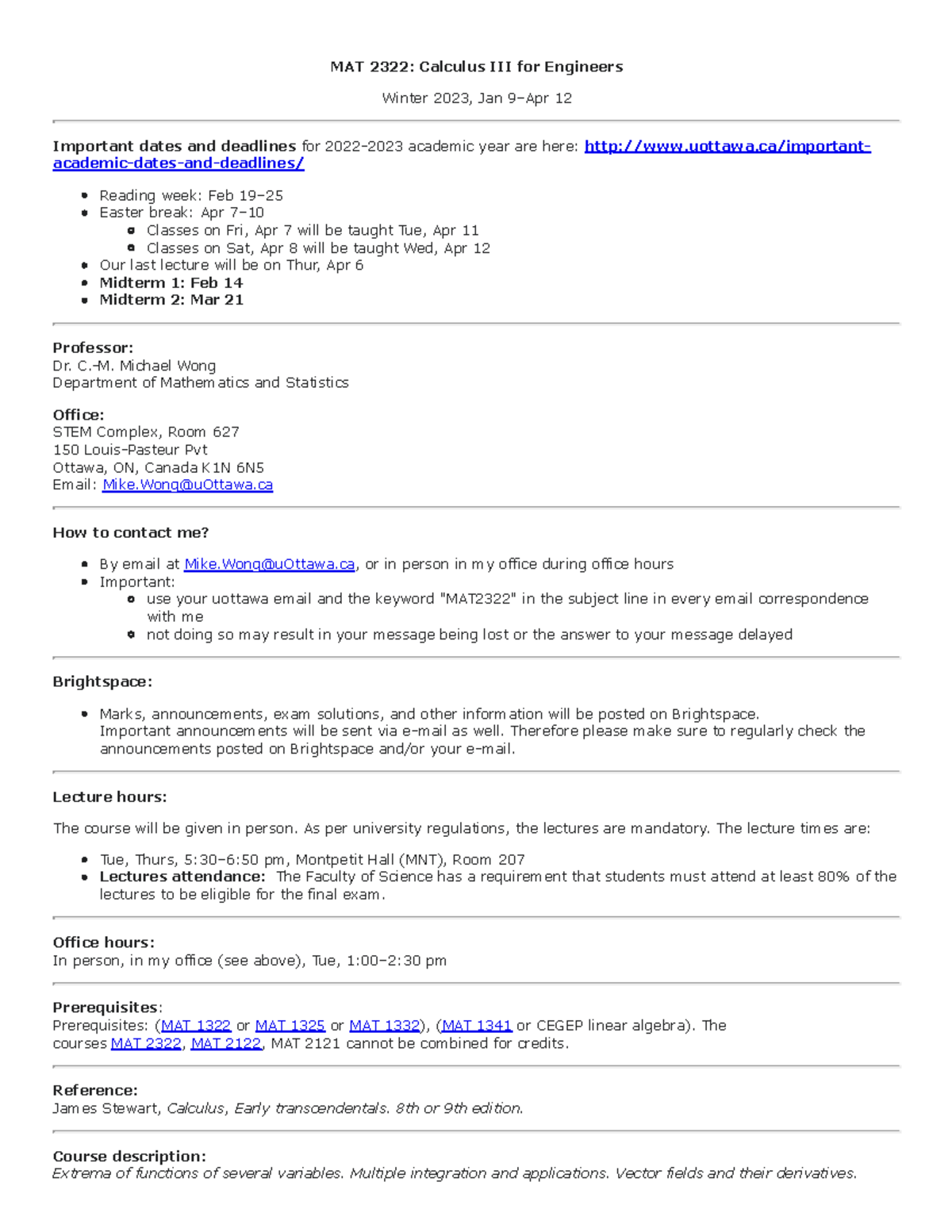 MAT2322 Winter 2023 Syllabus: Calculus III for Engineers - Studocu