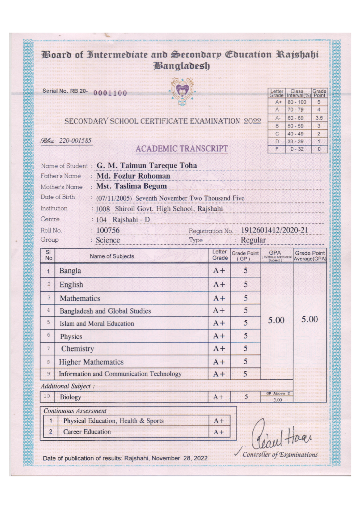 SSC( Secondary School Certificate examination) transcript - Board of ...