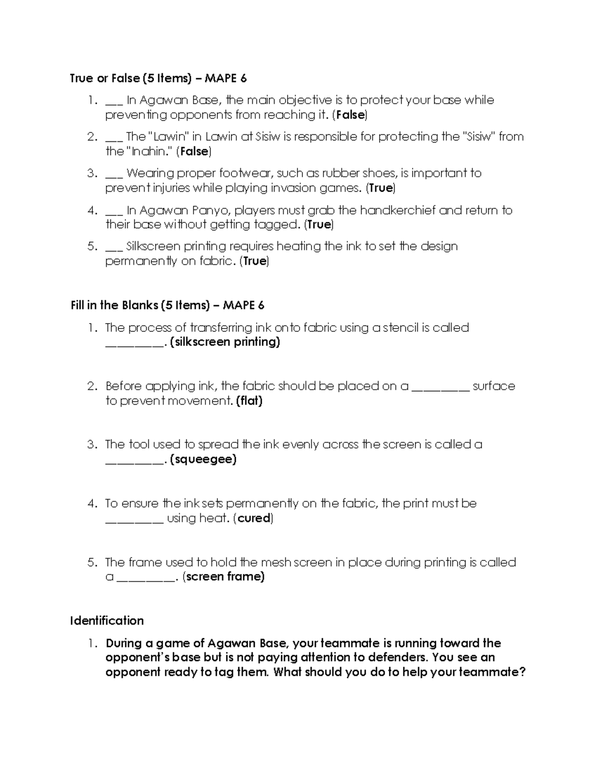MAPE 6 Reviewer: True/False, Fill in the Blanks & Identification - Studocu
