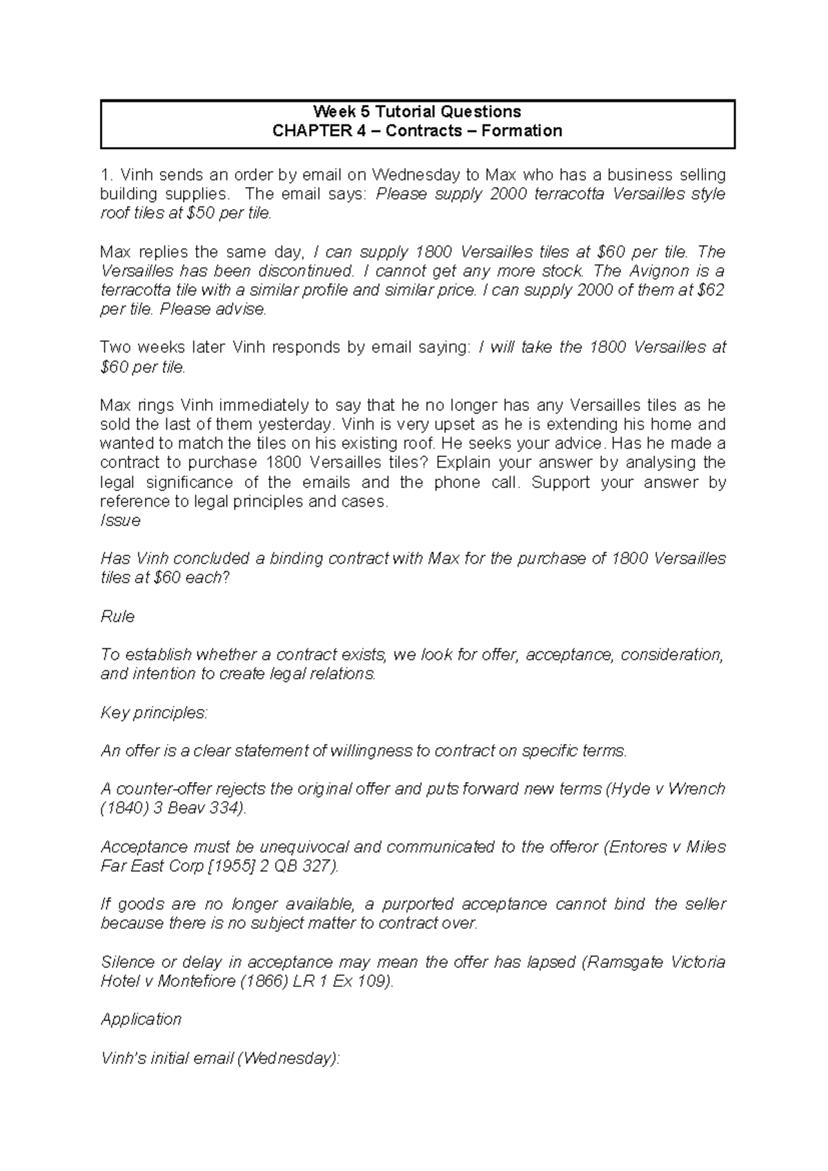 Week 5 Tutorial Questions: CH 4 Contracts Formation Analysis - Studocu