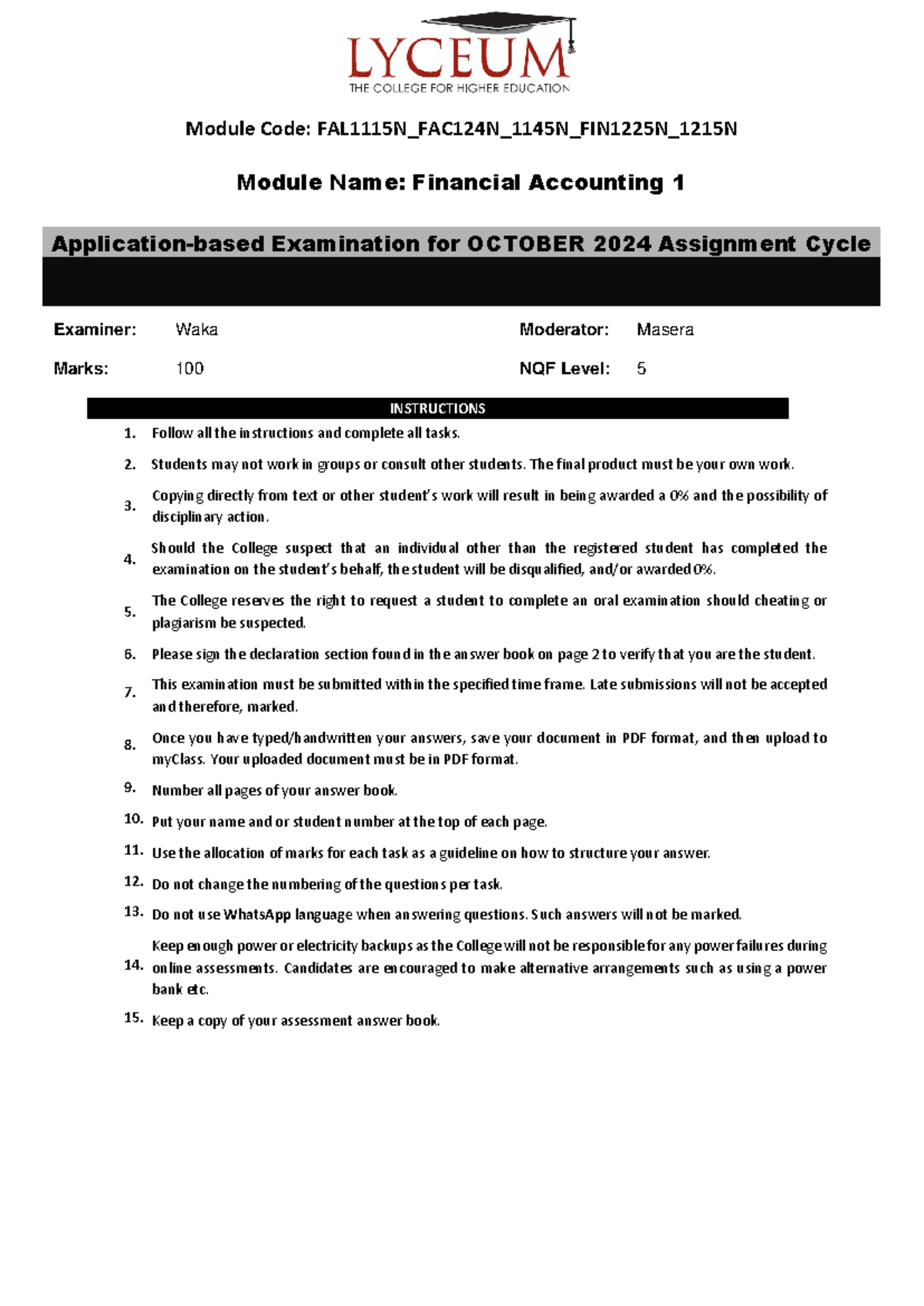 FAL1115N Financial Accounting 1 Final Exam Instructions & Tasks - Studocu