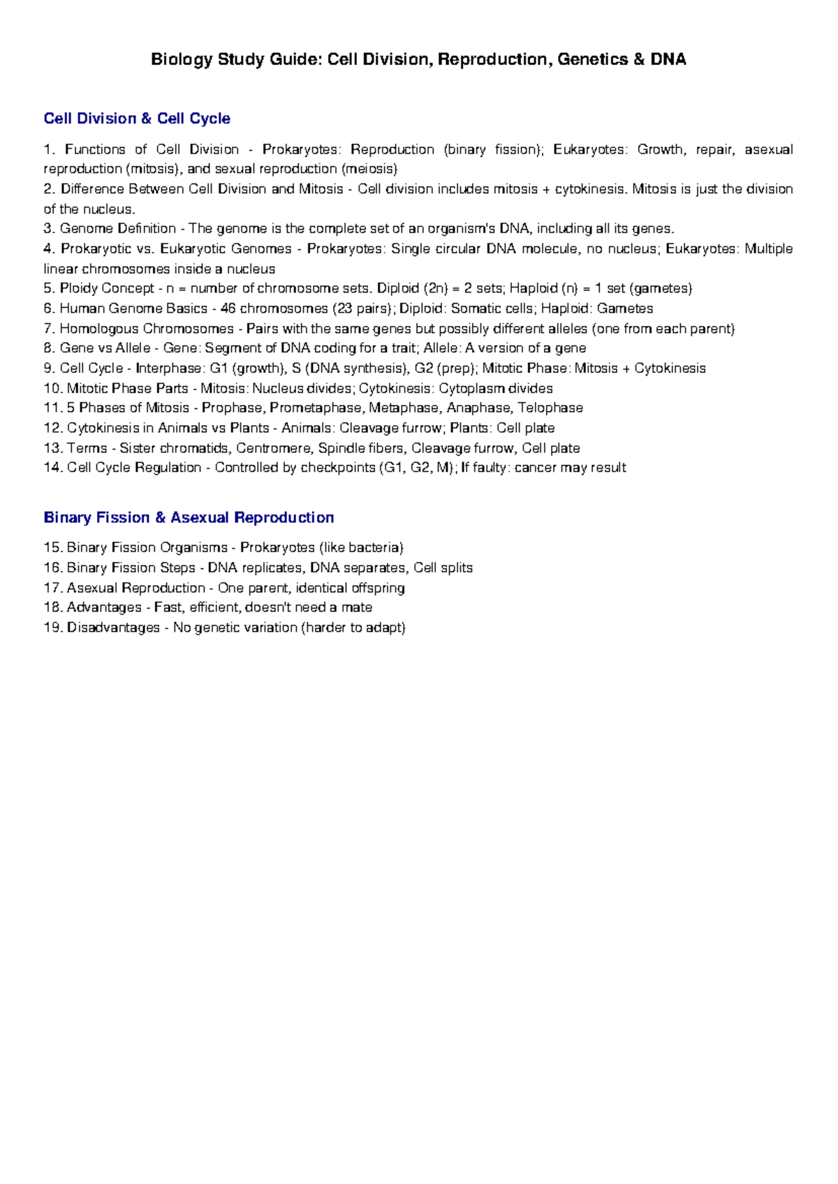 Biology Study Guide: Cell Division, Reproduction, Genetics & DNA ...
