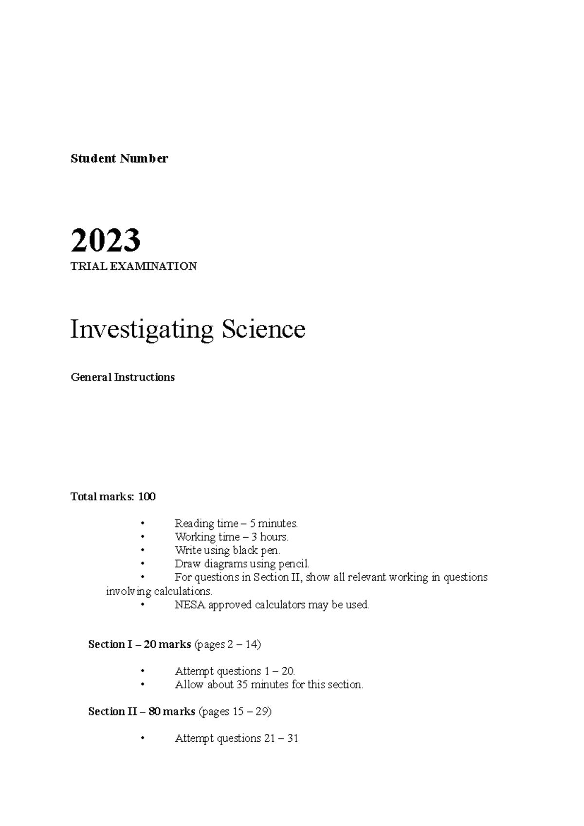 2023 Trial Exam - Investigating Science Overview and Instructions - Studocu
