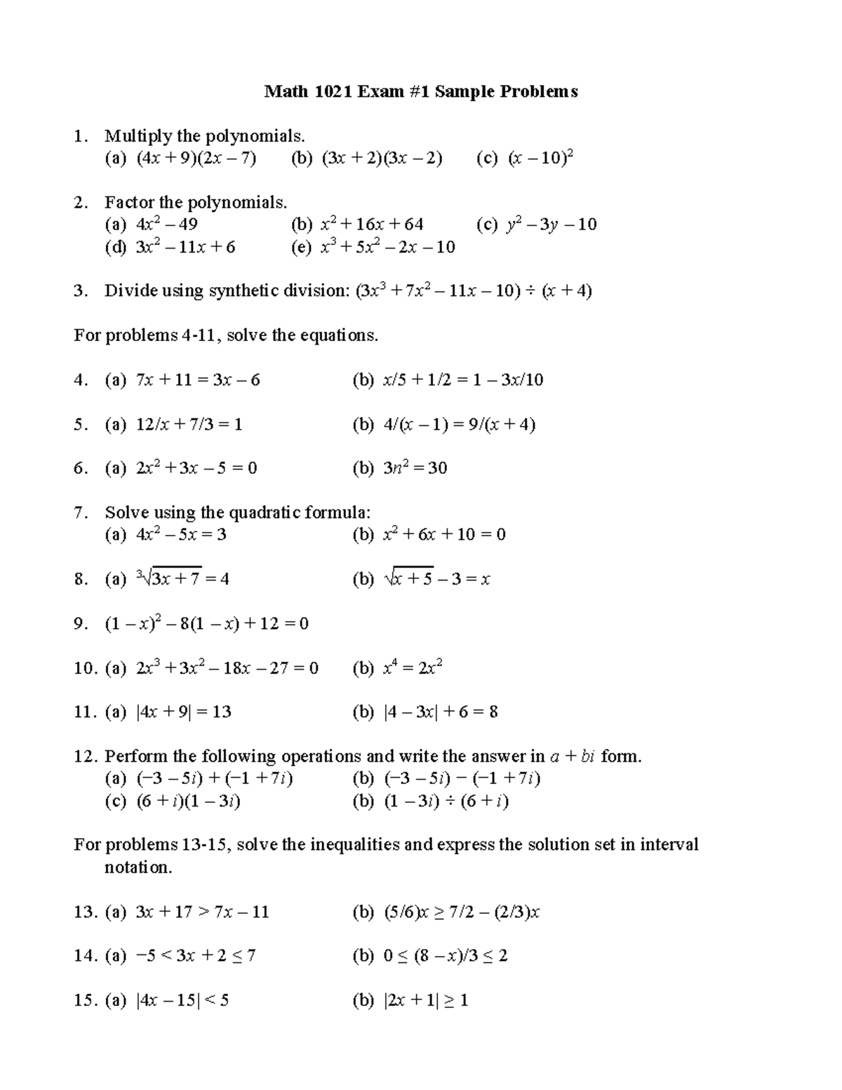 Math 1021 Exam 1 Sample Problems - Math 1021 Exam #1 Sample Problems Multiply the polynomials ...