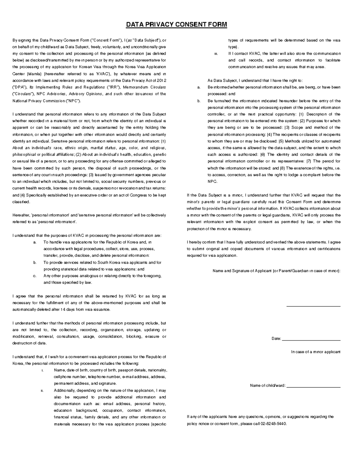 Data Privacy Consent Form for Korean Visa Application - KVAC - Studocu