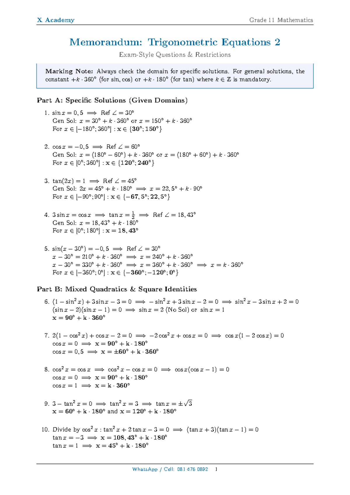 Grade 11 Mathematics: Trigonometric Equations & Solutions Memo - Studocu