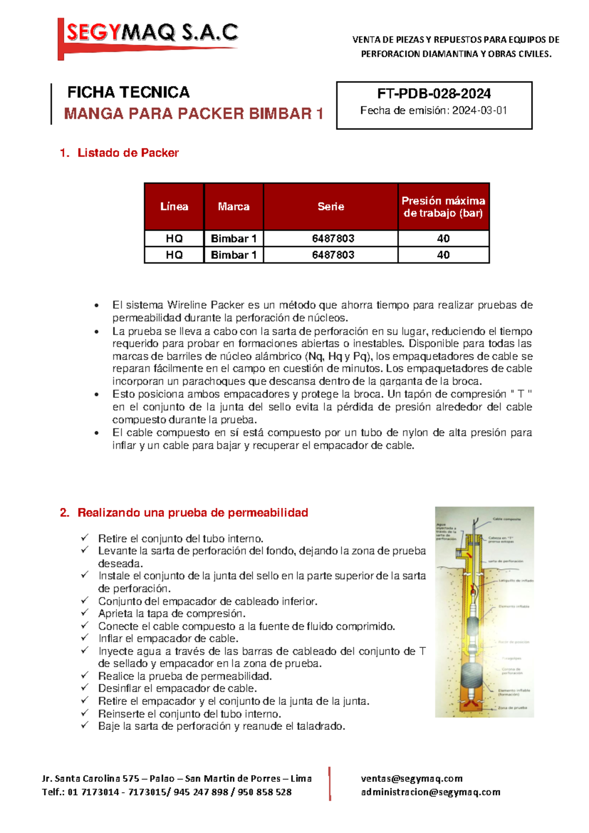 Ficha Técnica: Packer Doble Bimbar HQ - Presiones y Diámetros 2024 ...