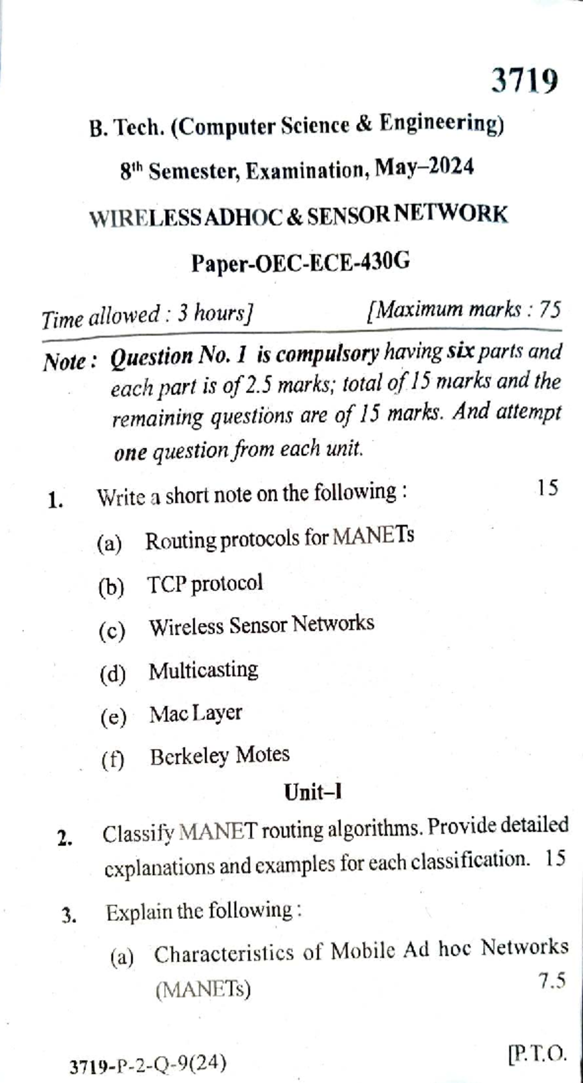 B. Tech. 3719 8th Sem Exam: Wireless Ad Hoc Sensor Networks & Big Data ...