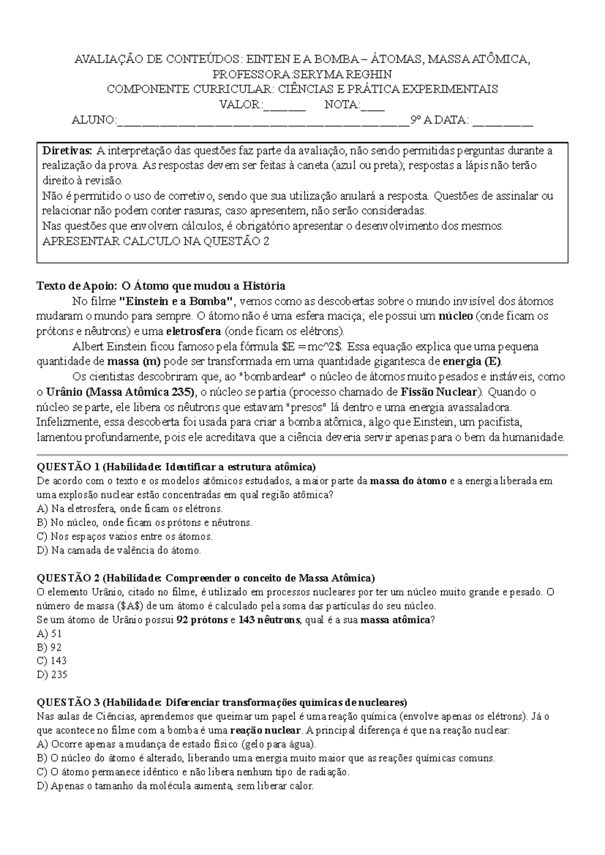 Avaliação de Conteúdos: 9º Ano - Einstein e a Bomba Atômica - Studocu
