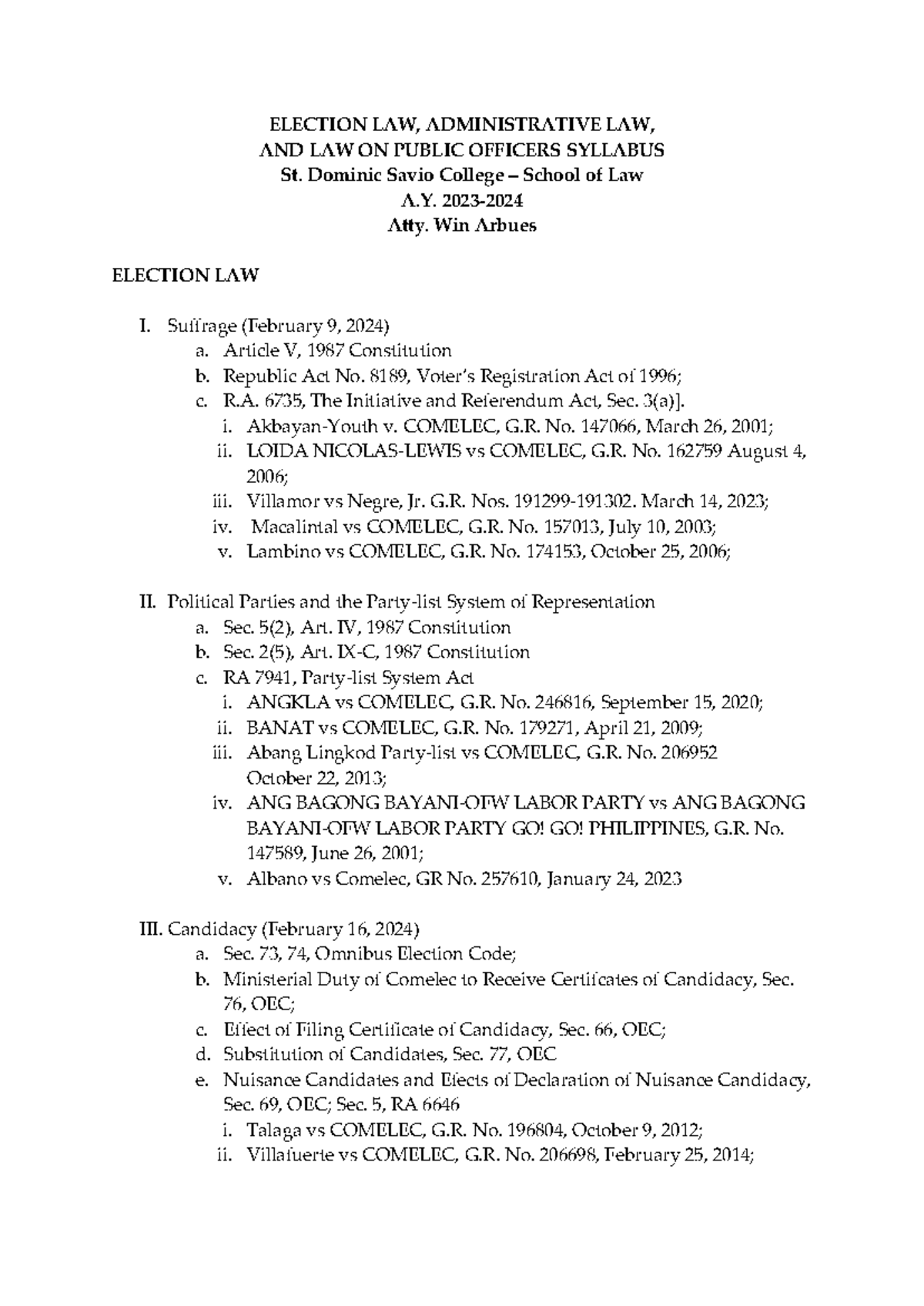 Election Law Reviewer A.Y. 2023-2024: Key Topics and Cases - Studocu