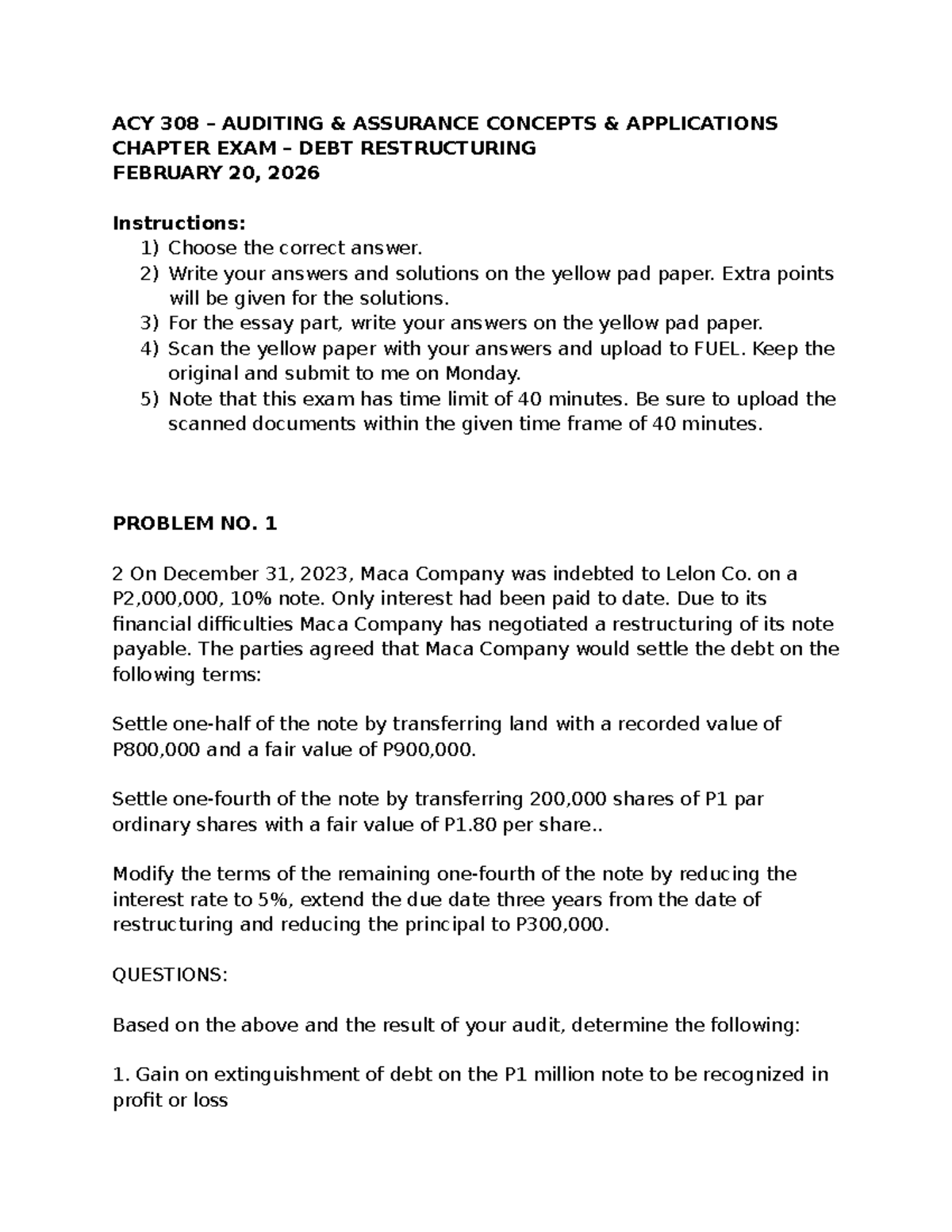 ACY 308 Auditing Assurance Concepts Applications Chapter Exam on Debt ...
