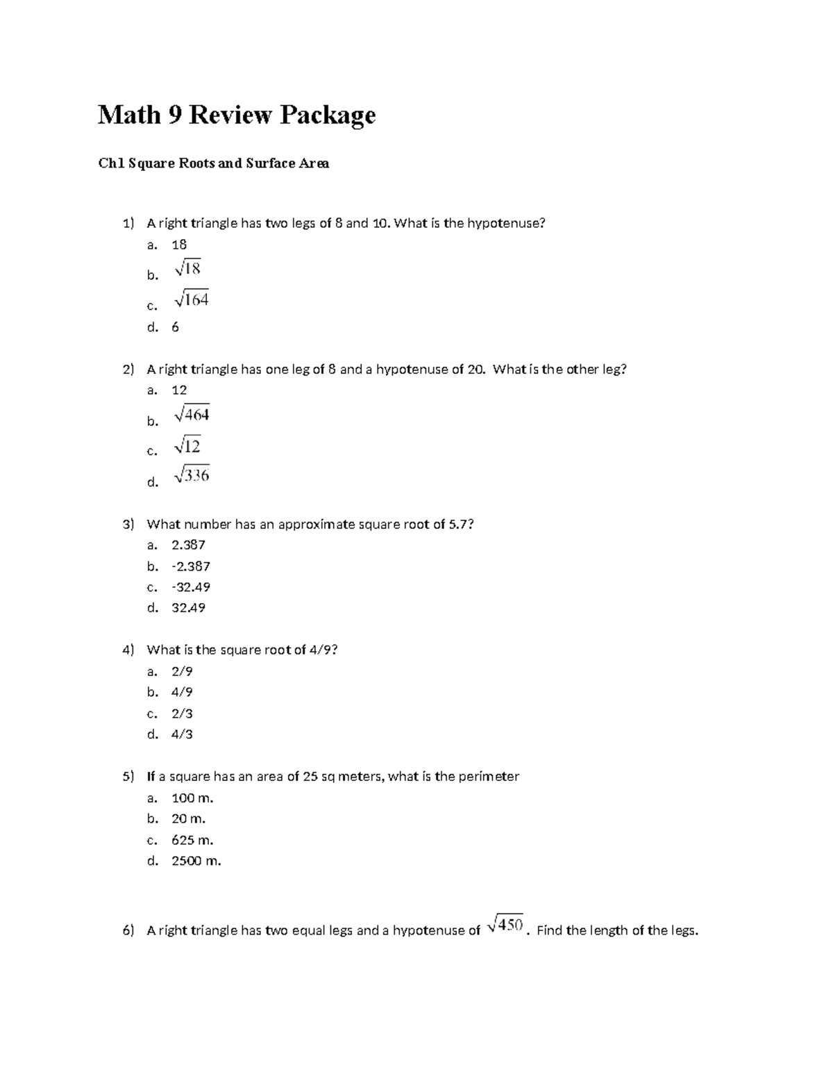 Math 9 Review Package 2020 - Math 9 Review Package Ch1 Square Roots and ...