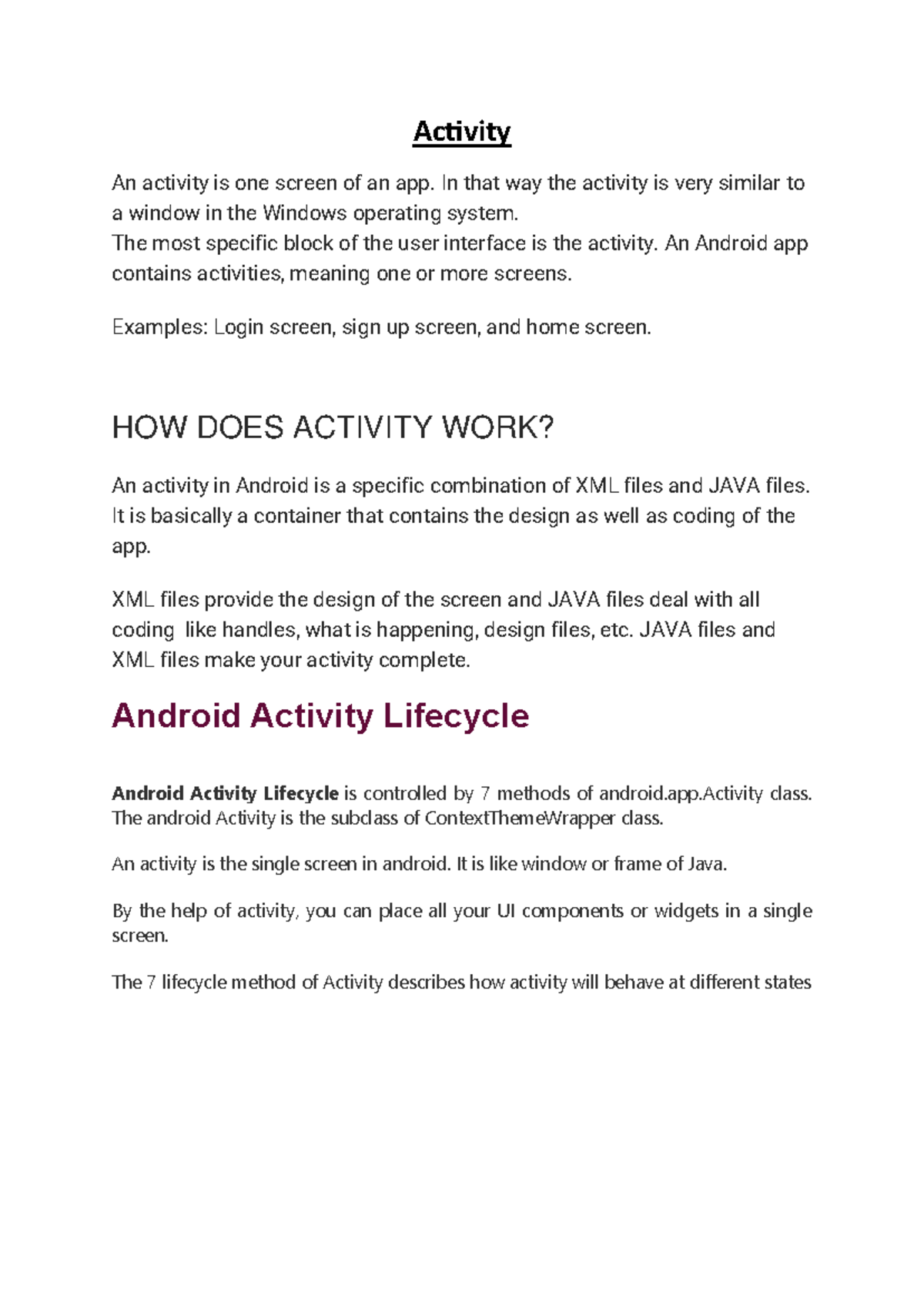 Android Activity Lifecycle Overview - CS101 Lecture Notes - Studocu