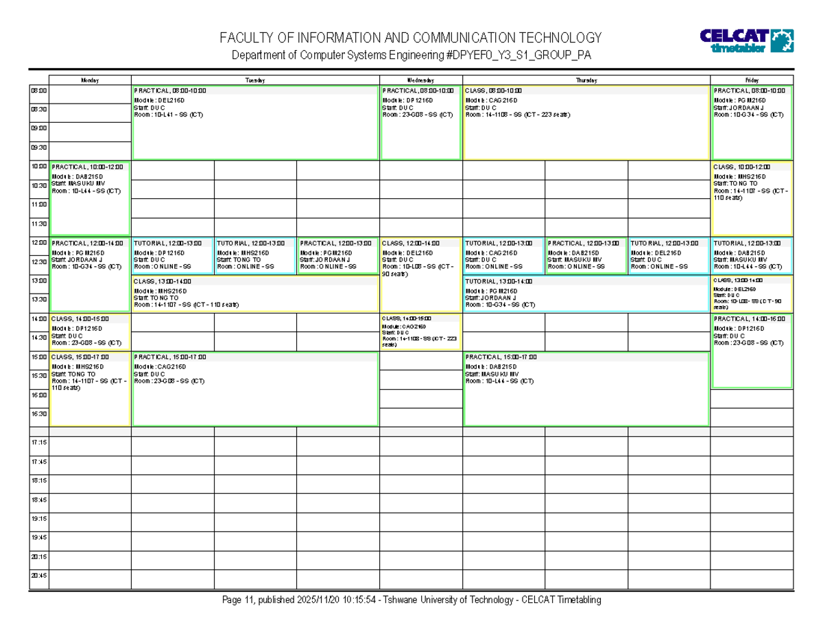 TUT - DEL216D, DP1216D, CAG216D, MHS216D, DAB215D Timetable - Studocu