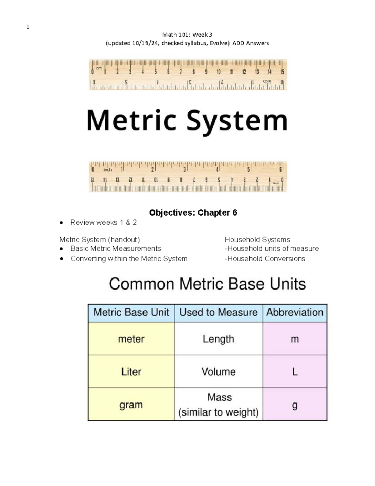 Math 101: Week 3 Metric System Conversions & Practice Exercises - Studocu