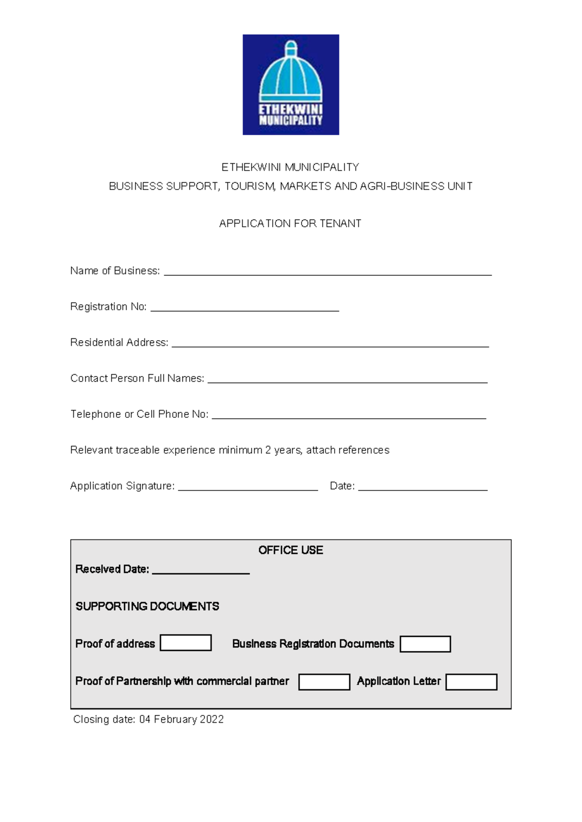 EThekwini Municipality - Tenant application form for Ottawa Production ...