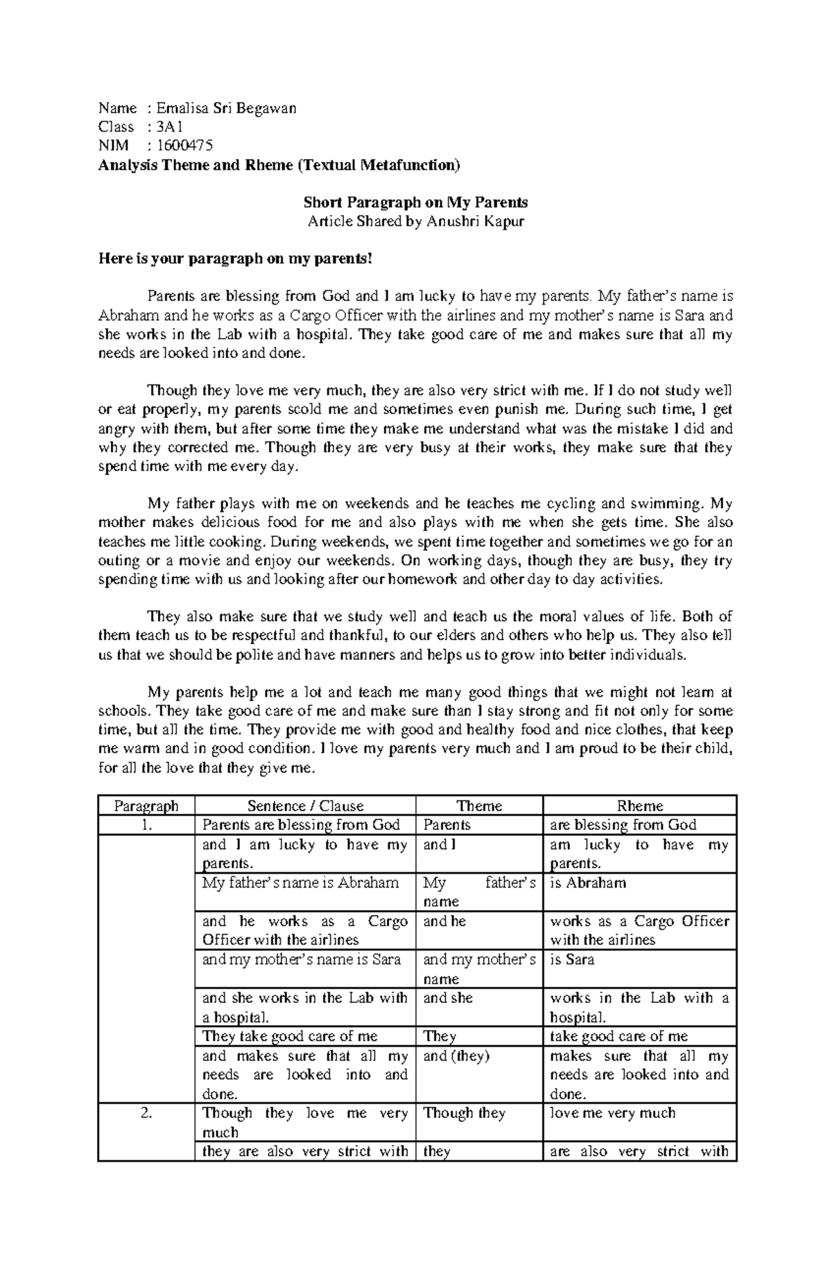 Analysis of Theme and Rheme in Textual Metafunction (3A) - Studocu