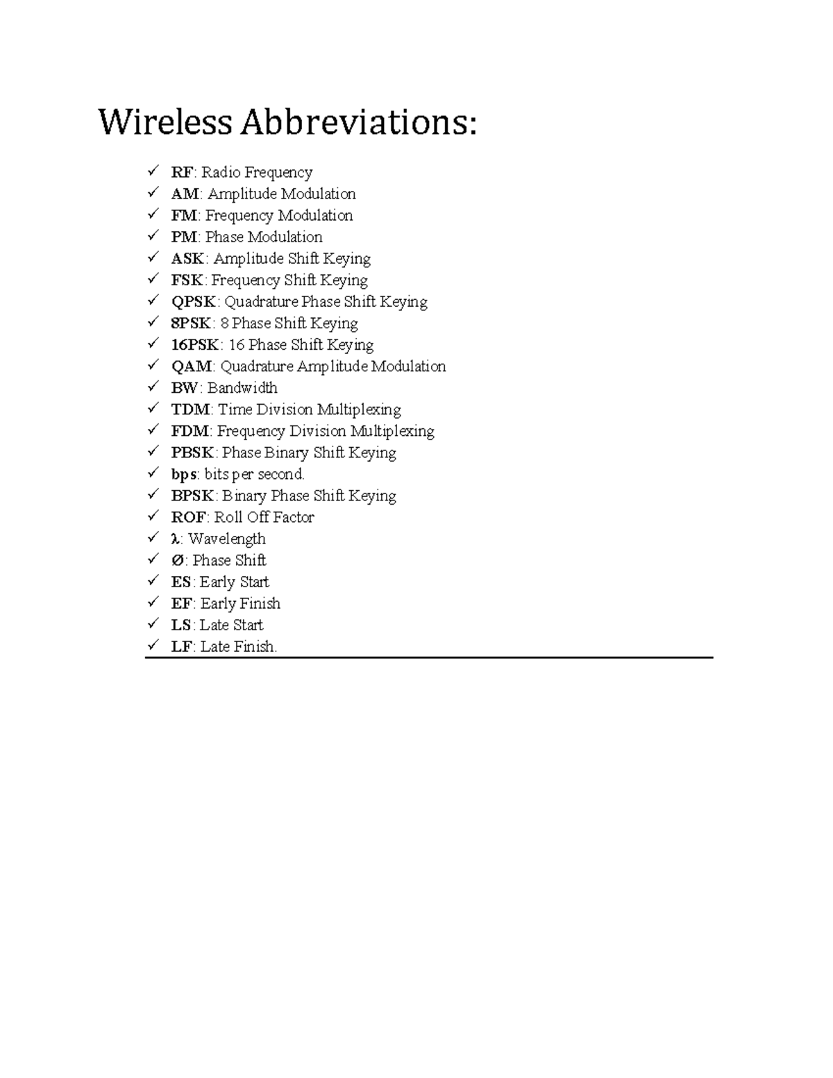 Wireless Abbreviations and Acronyms for Communication Systems - Studocu