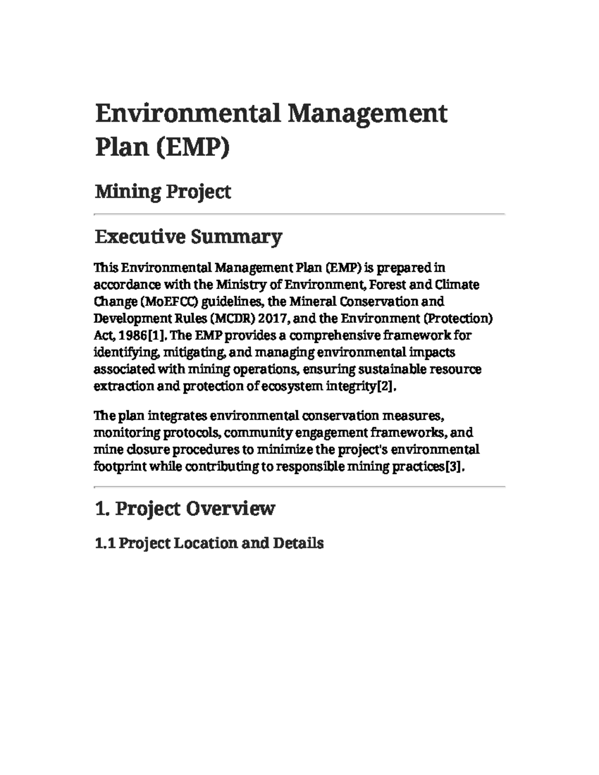 Mining Project EMP Framework: Environmental Management Summary - Studocu