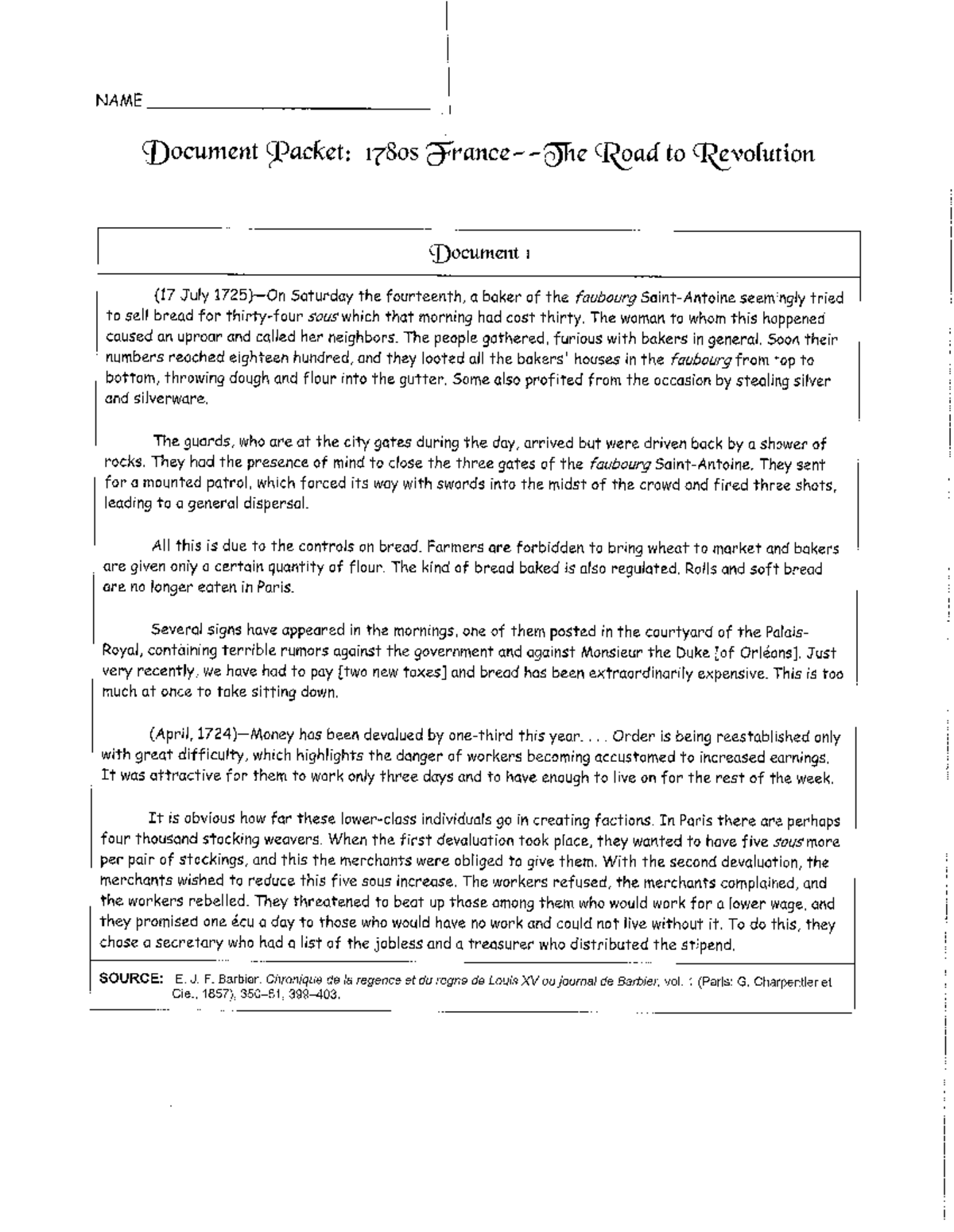 NAME Document Packet: 1780s France - The Road to Revolution Analysis ...