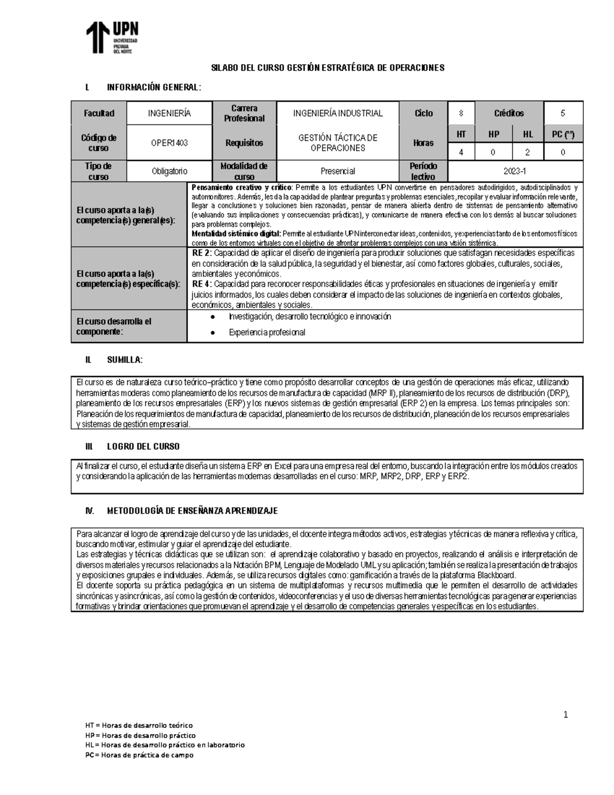 SÍLABO - ESTRATÉGICA - 1 HT = Horas de desarrollo teórico HP = Horas de desarrollo práctico HL ...