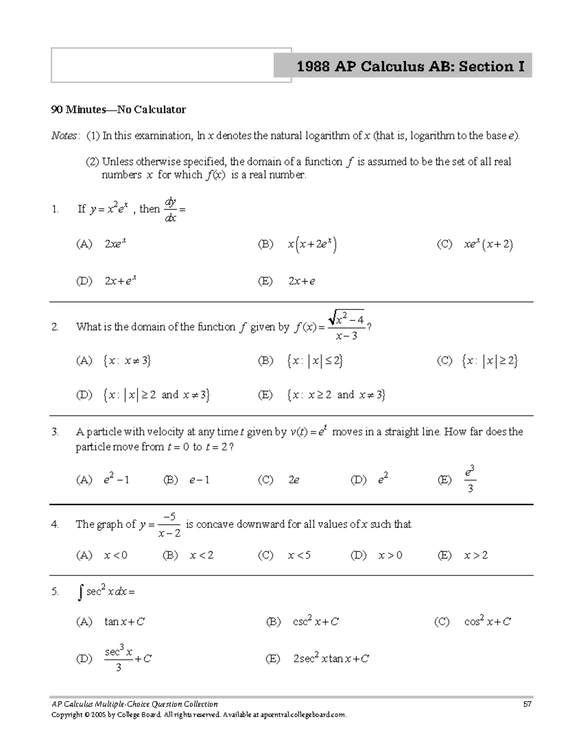 1988 AP Calculus AB: Section I Multiple Choice Questions - Studocu