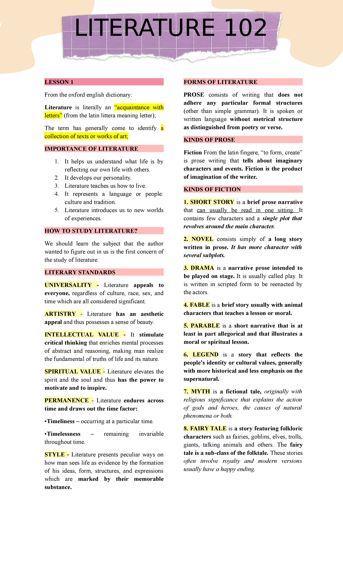 LITERATURE 102: How to study Literature - LESSON 1 From the oxford ...