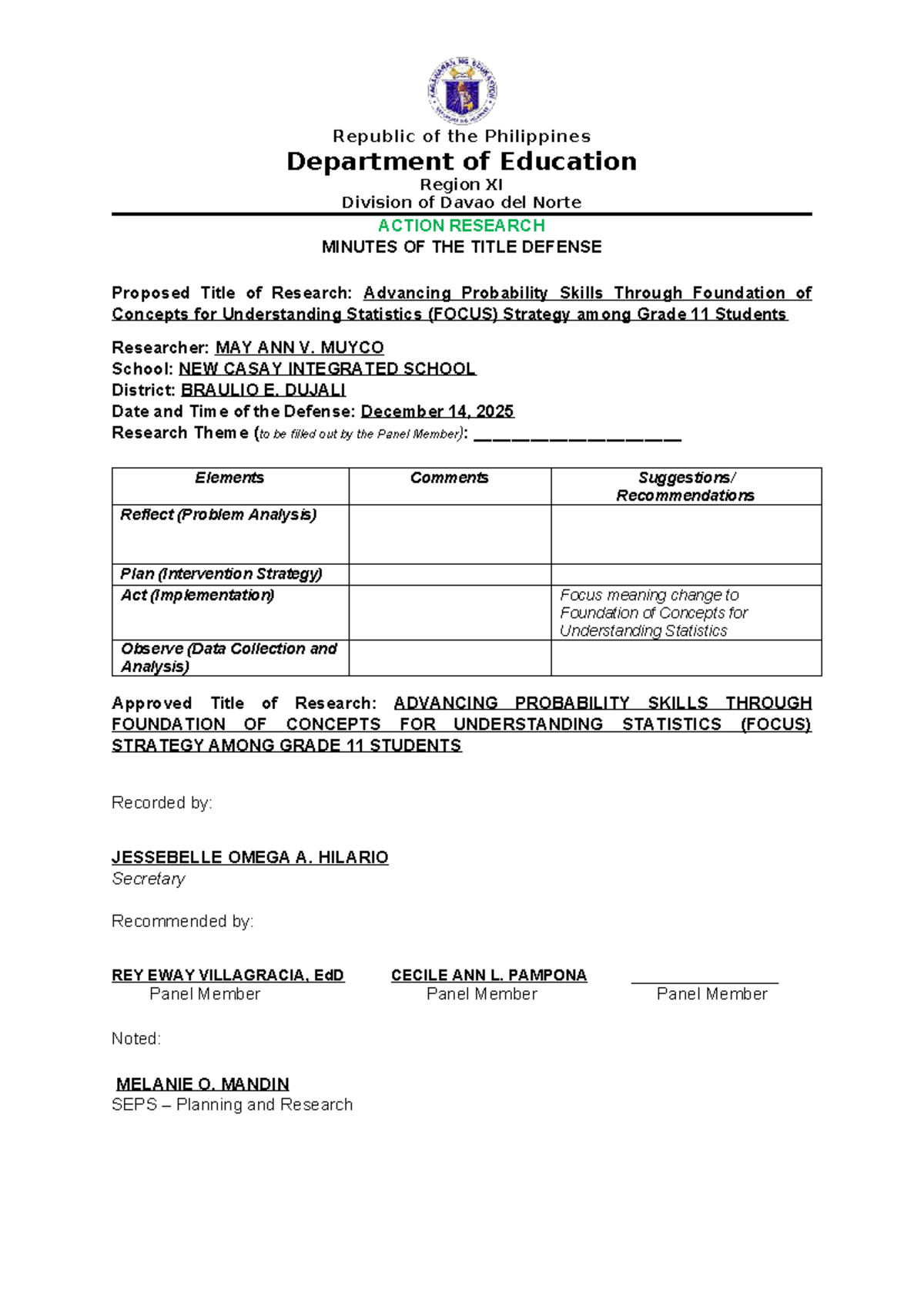 Grade 11 Action Research Title Defense Minutes: Advancing Probability ...