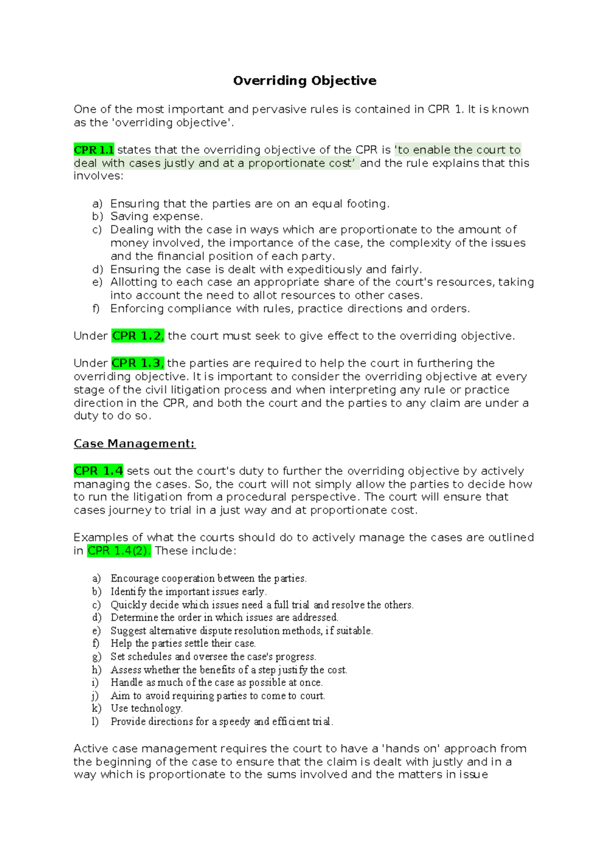 CPR 1: Understanding the Overriding Objective and Case Management - Studocu