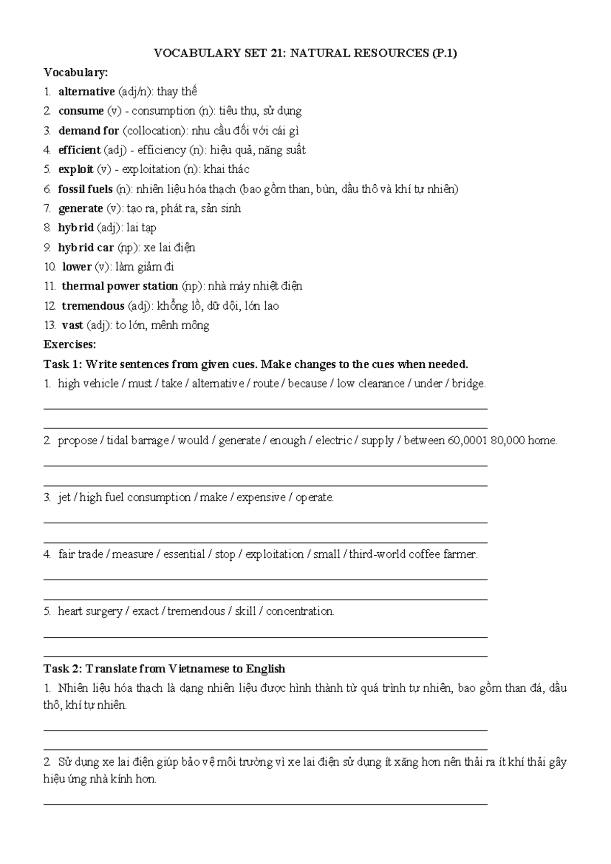 Vocabulary Set 21: Natural Resources - Key Terms & Exercises - Studocu