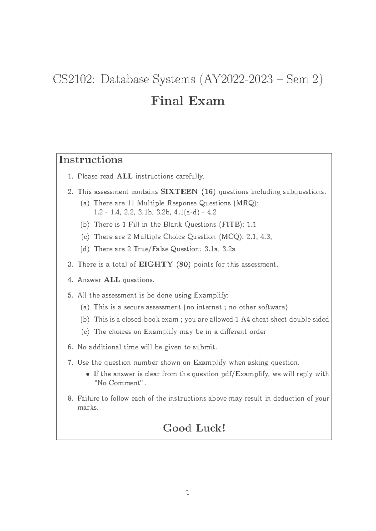 CS2102: Database Systems Sem 2 Final Exam Instructions and Guide - Studocu