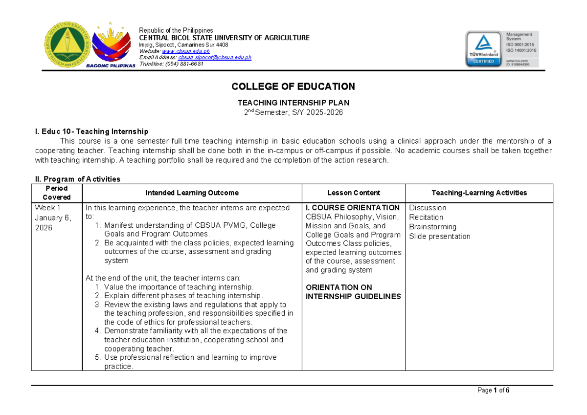 Teaching Internship Plan (EDUC 202) - 2nd Semester Overview - Studocu