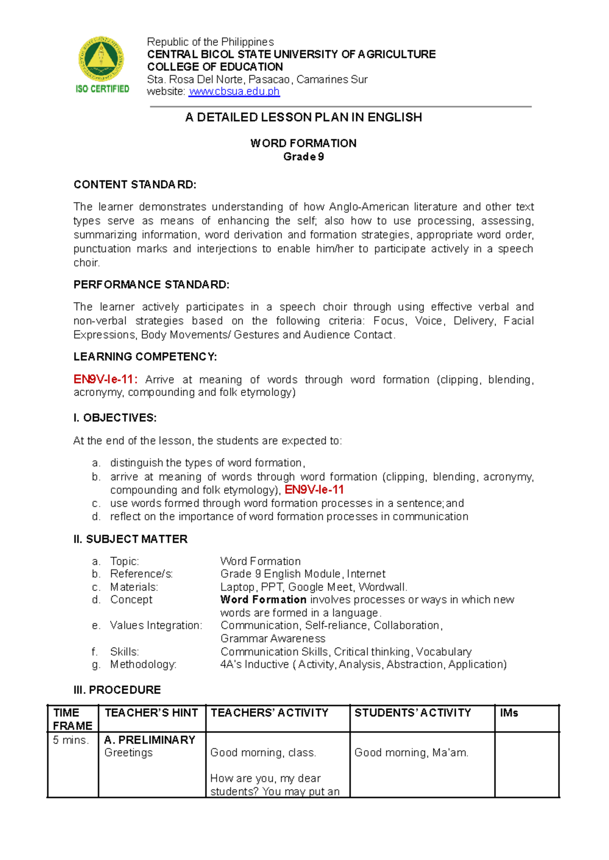 English 4A: Lesson Plan on Word Formation Techniques - Studocu