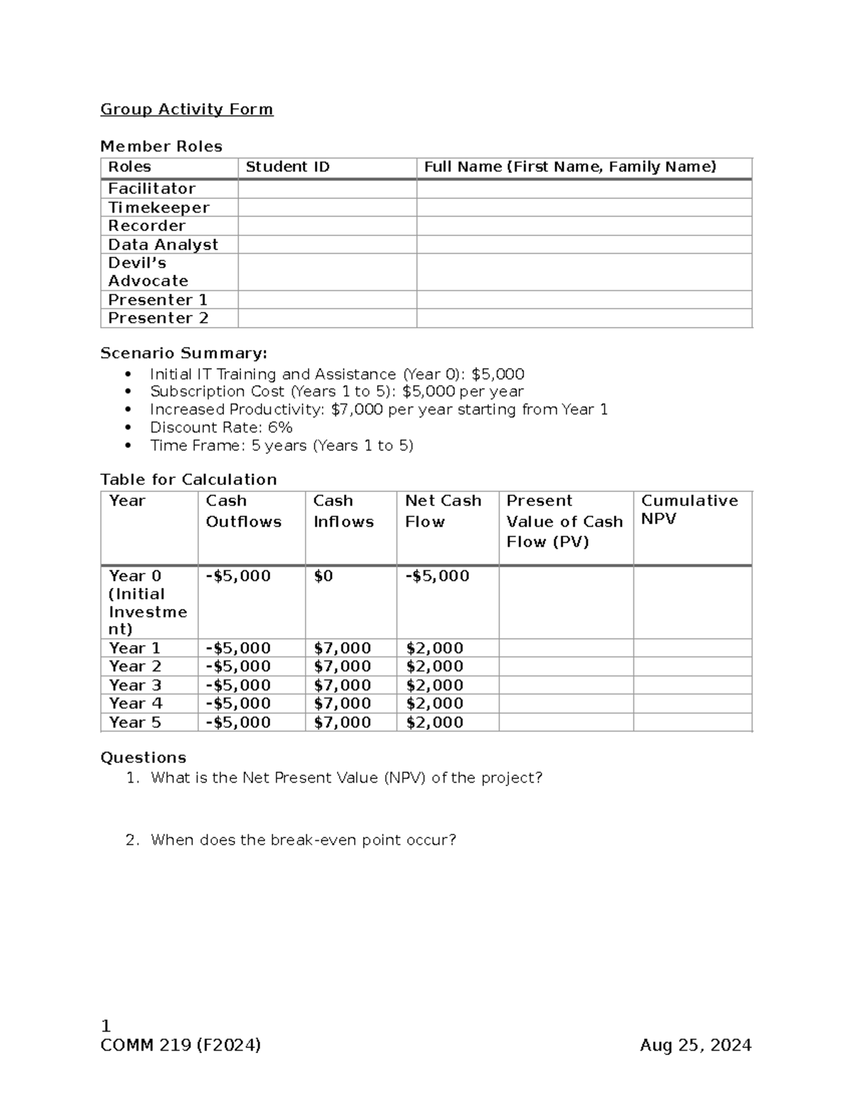Class 3 DCF Analysis Form - Group Activity Form Member Roles Roles ...