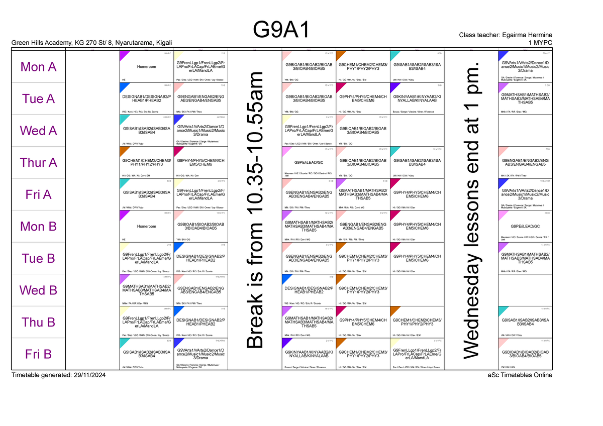 G9 Timetable for High School Students - 29 Nov 2024 - Studocu