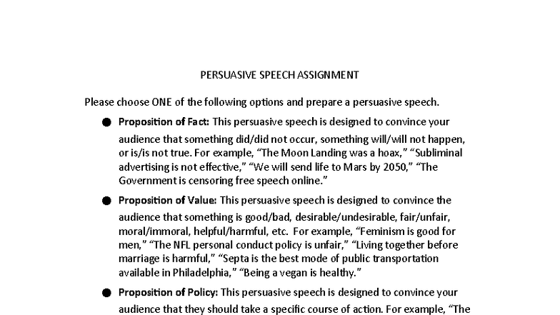 PERSUASIVE SPEECH ASSIGNMENT GUIDELINES - Studocu